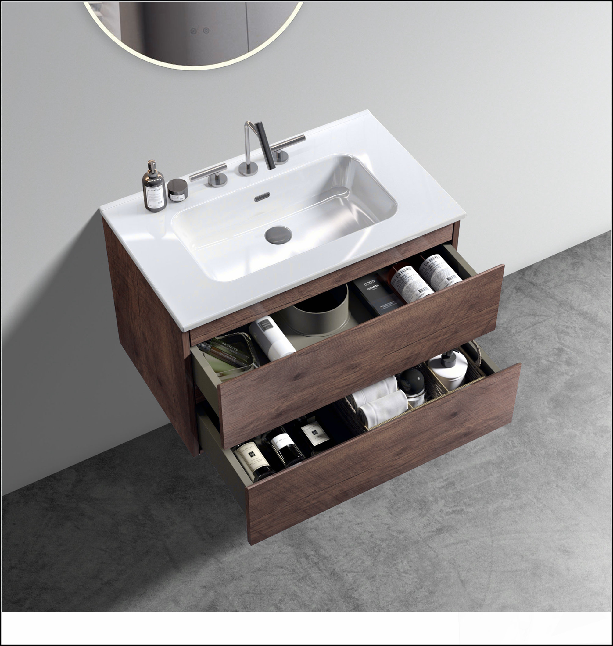 George Oliver Wall Mount 30" Walnut Bathroom Vanity with Ceramic Sink with three faucet holes ...